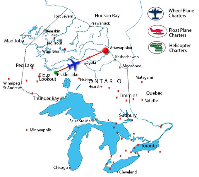 Charter Flights Attawapiskat 305 Air Miles North of Timmins